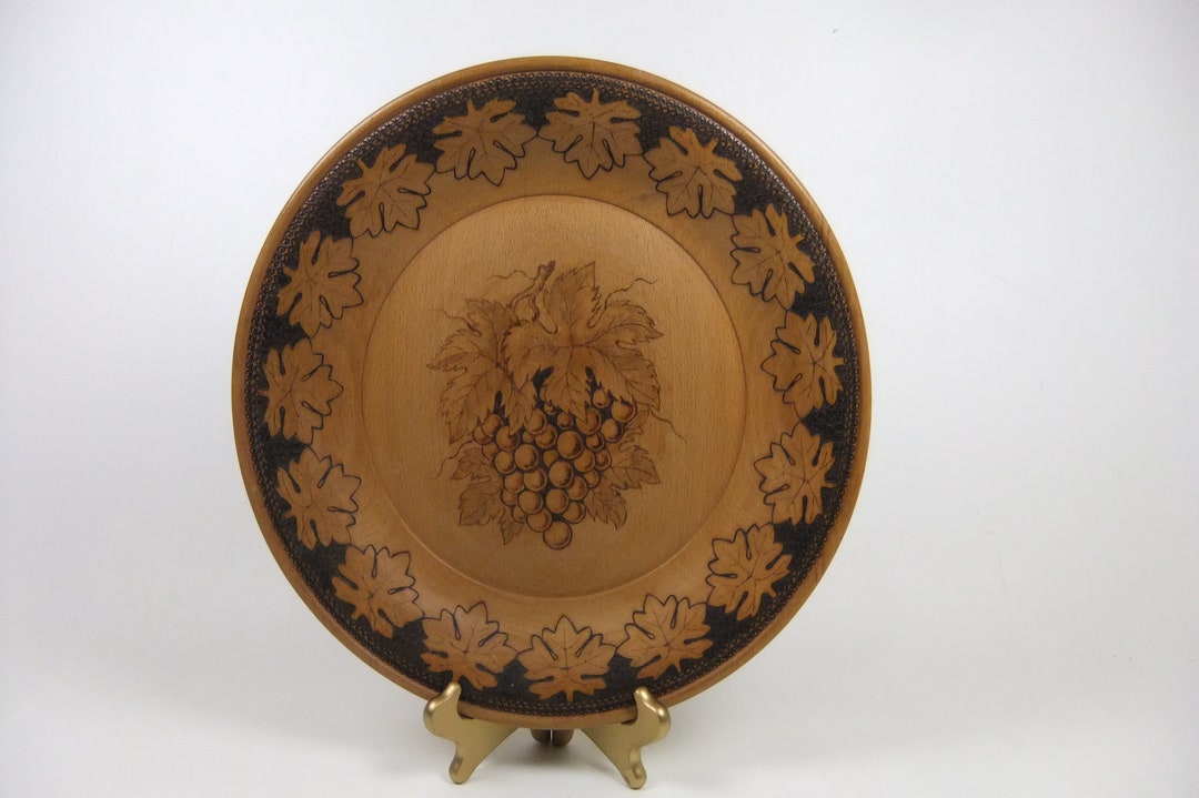 Vintage German Wood Pyrography Grape Cluster Wall Plaque Plate Platter ...