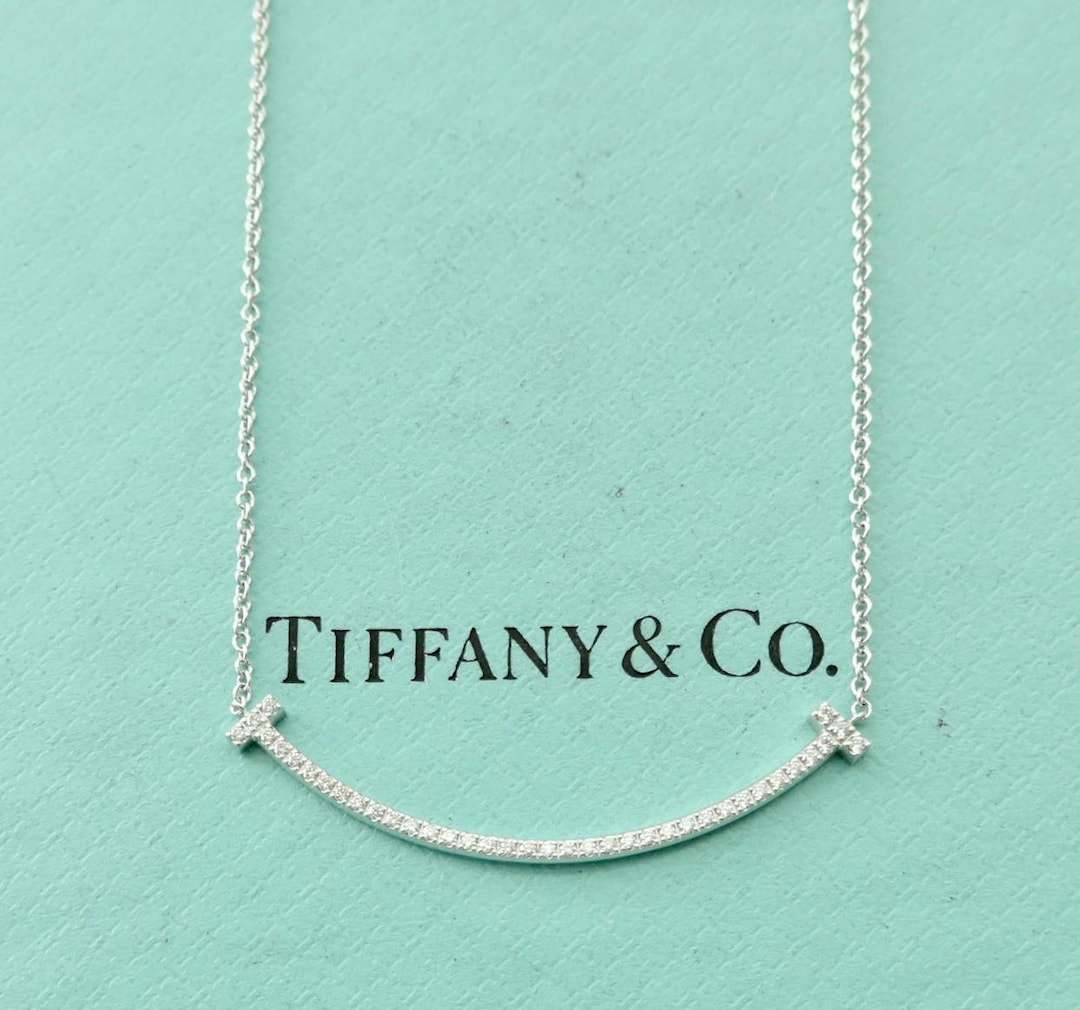 Authentic Tiffany & Co. T Smile Diamond Necklace Size Small 18K White ...