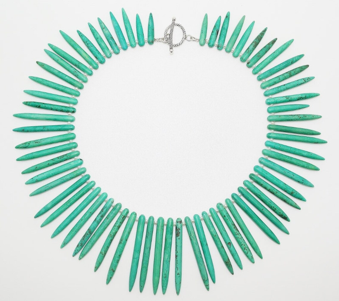 Green Turquoise Teeth and Pearl Collar Handmade Statement - Etsy