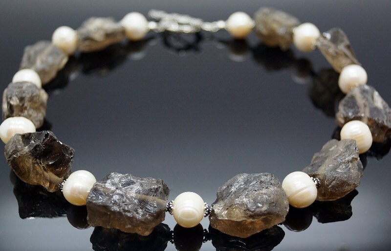 Rough Smoky Quartz and Freshwater Pearl Handmade Statement Necklace - Etsy