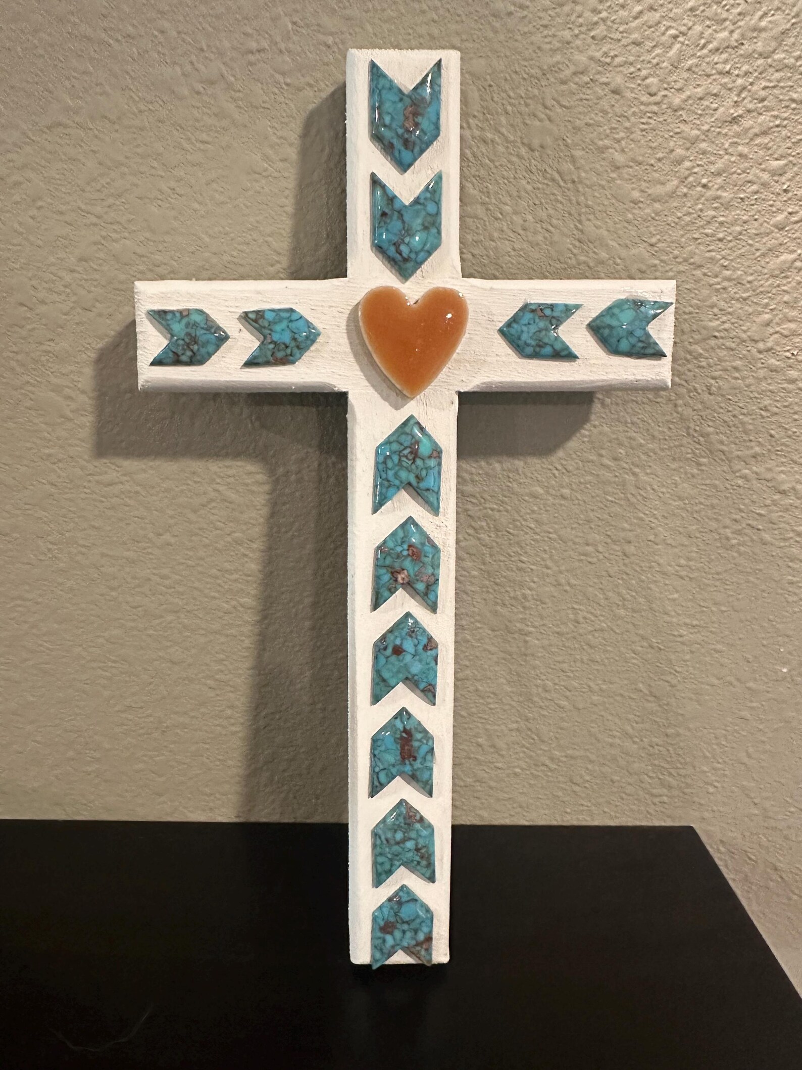 White Wooden Cross With Turquise Peices and Butterscotch Ceramic Heart ...