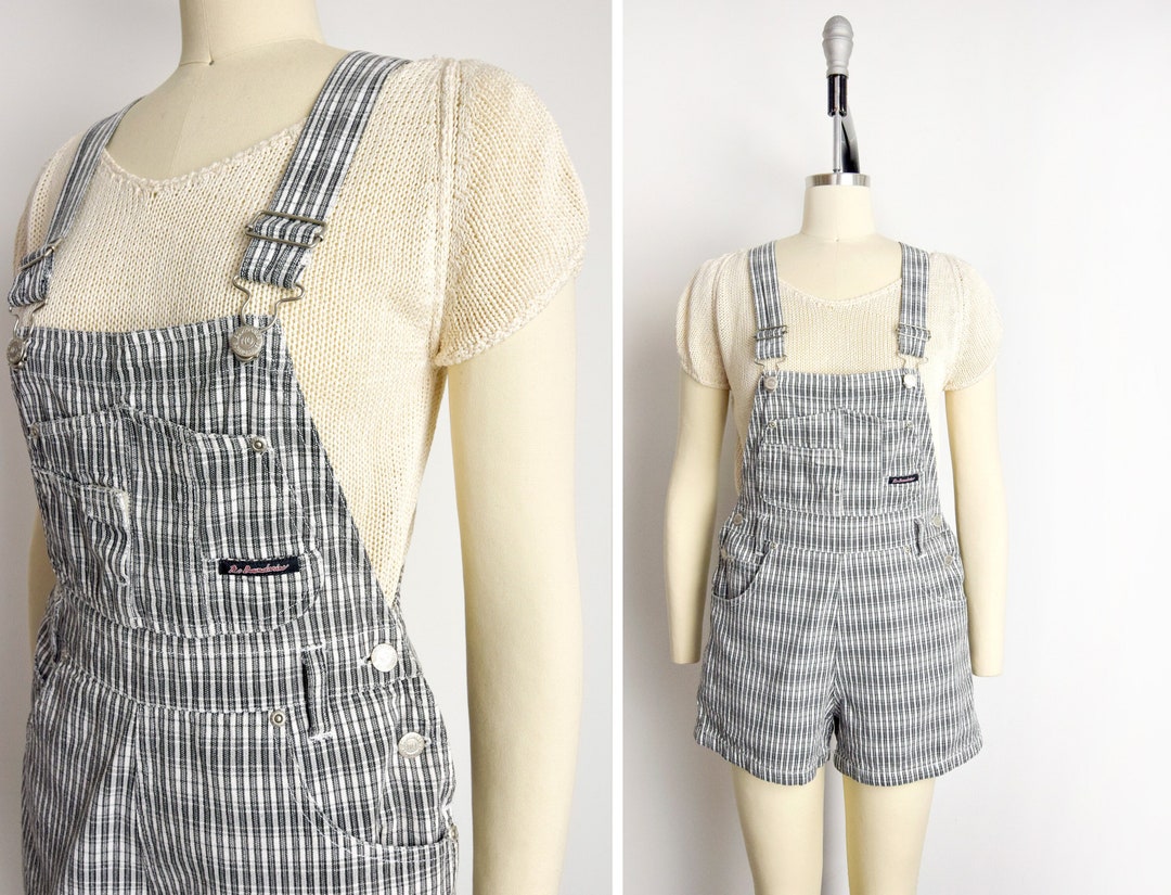 1990s Plaid Overalls Size XS 90s Black and White Shortalls Vintage ...