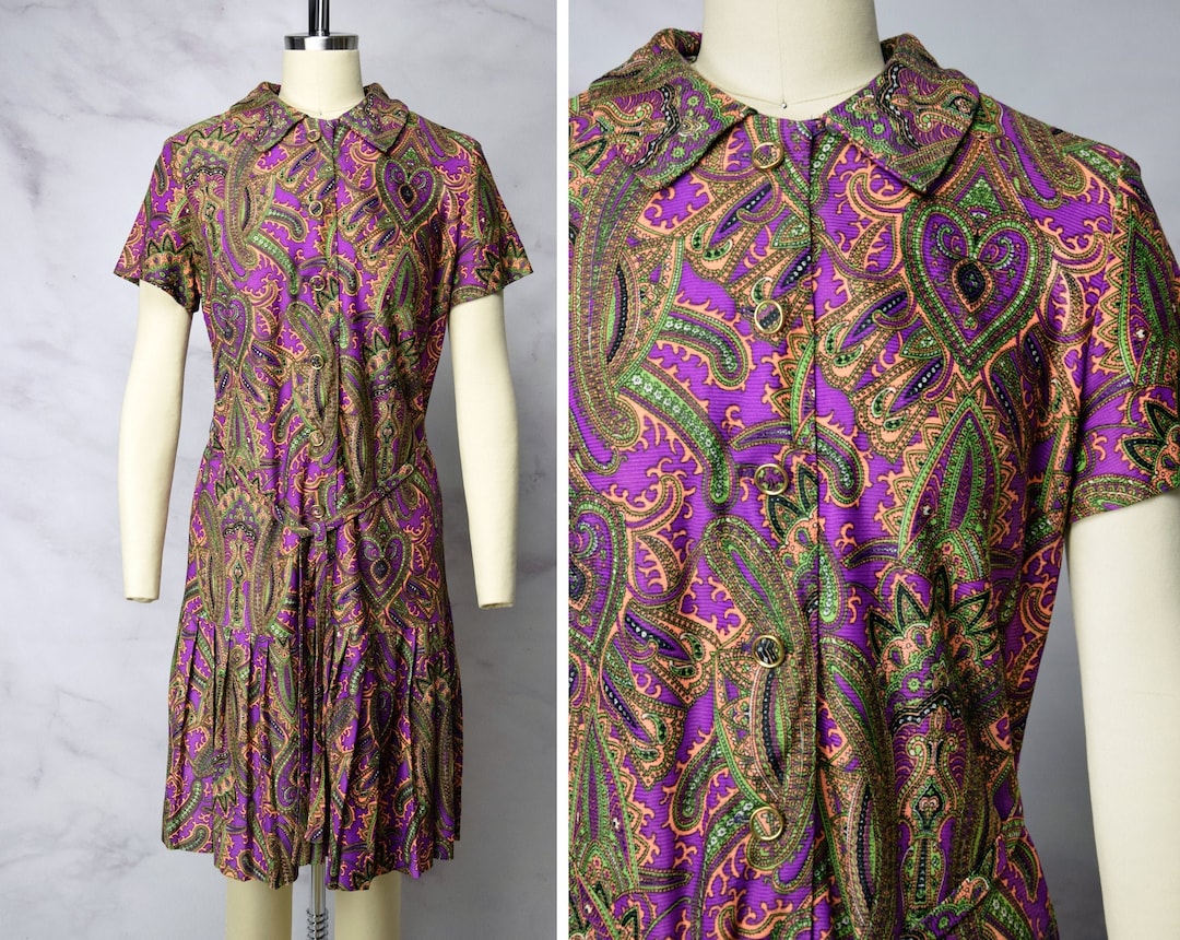 1960s Paisley Dress Size Medium 60s Boho Dress Purple and Green Groovy ...
