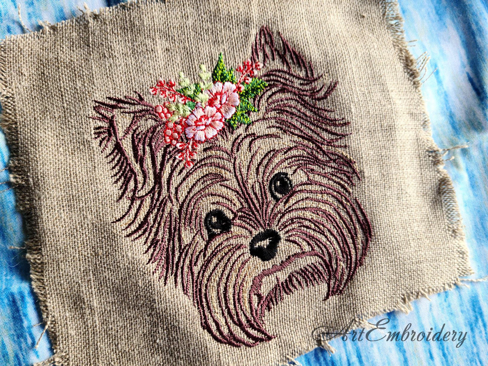 Yorkie With Flowers Machine Embroidery Design in 3 Sizes | Etsy