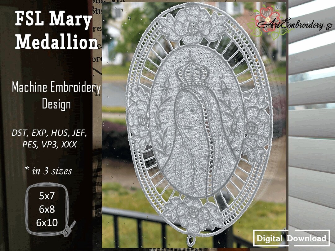FSL Mary Medallion - Machine Embroidery Christian Lace Design in 3 ...