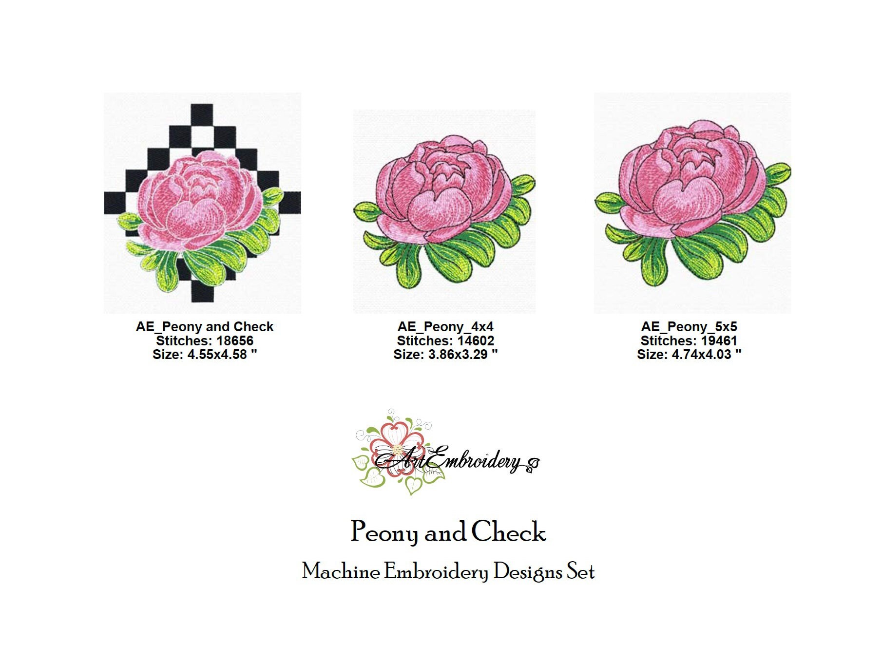 Peony and Check - Machine Embroidery Design in Few Variations for Hoop ...