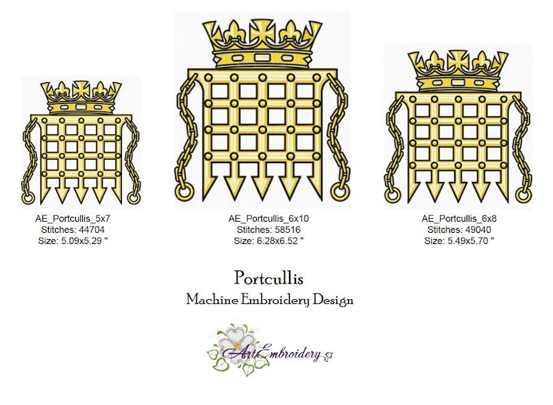 Crowned Portcullis Embroidery Design: Tudor Royal Badge (5x7, 6x8, 6x10 ...