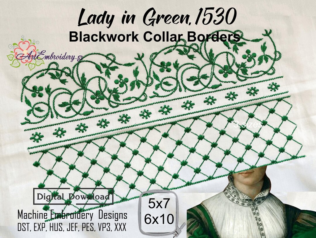 Lady in Green Blackwork Collar Borders - Machine Embroidery Historical ...