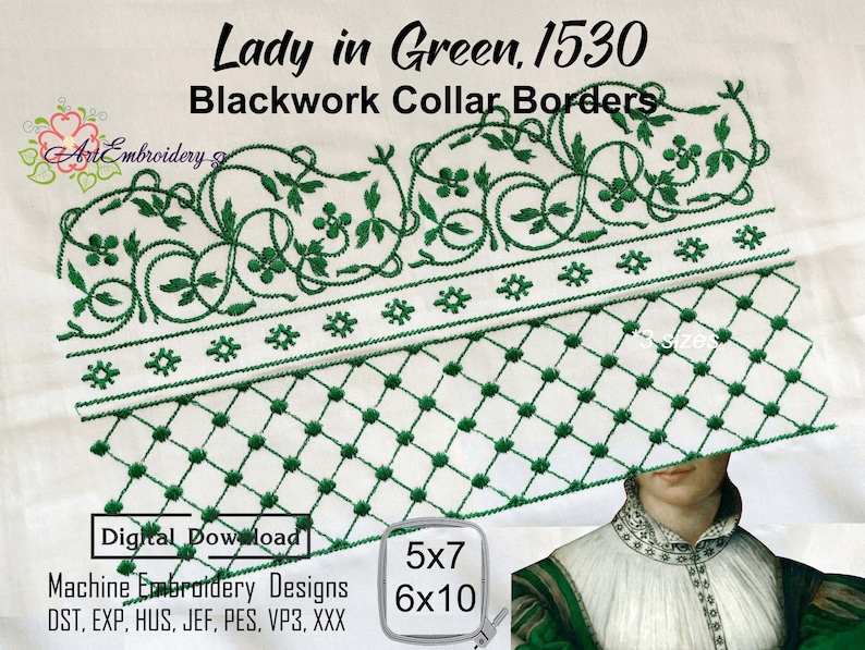 Blackwork Collar Embroidery Designs: 16th Century Borders (5x7, 6x10 ...