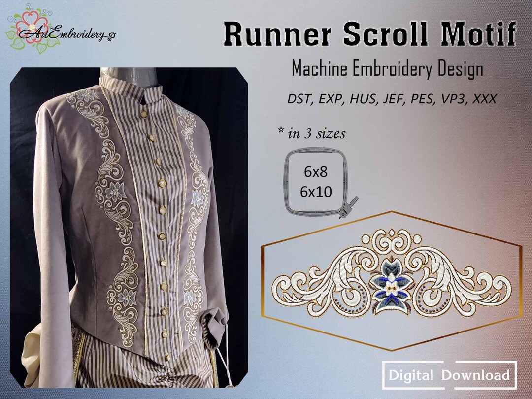 Runner Scroll Motif - Machine Embroidery Design in 3 Sizes for Hoop 6x8 ...