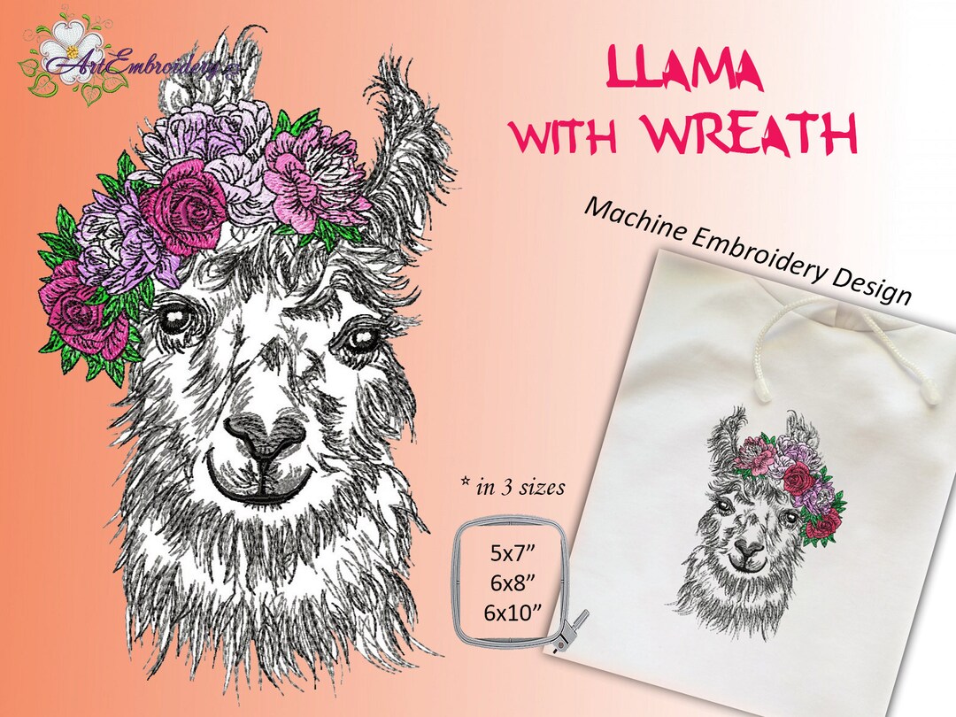 Llama With Flowers Wreath Machine Embroidery Design (5x7, 6x8, 6x10 ...
