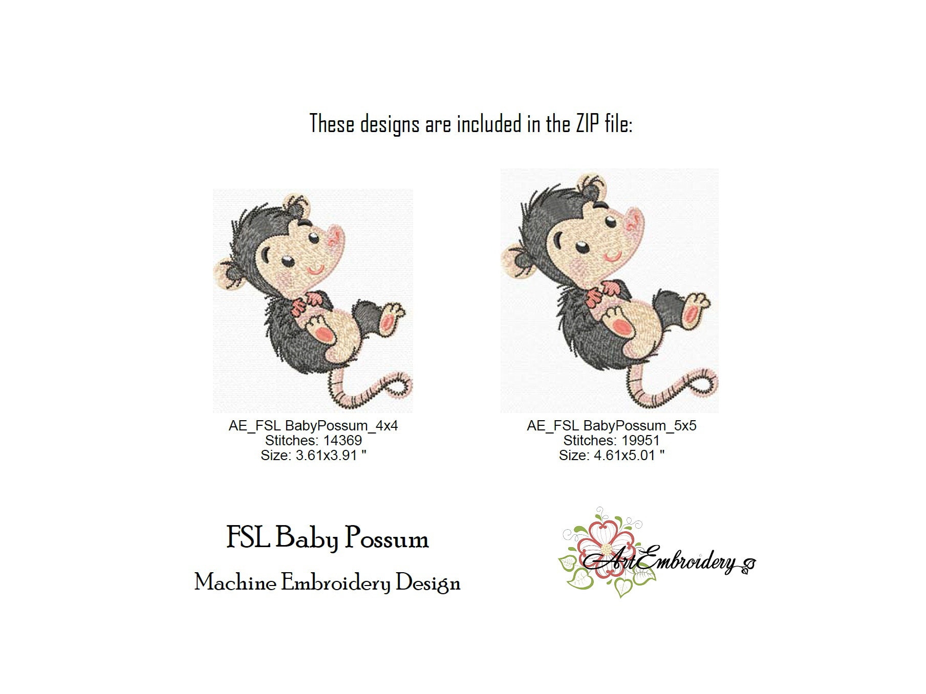 FSL Baby Possum Machine Embroidery Design: ITH Lace Project (4x4