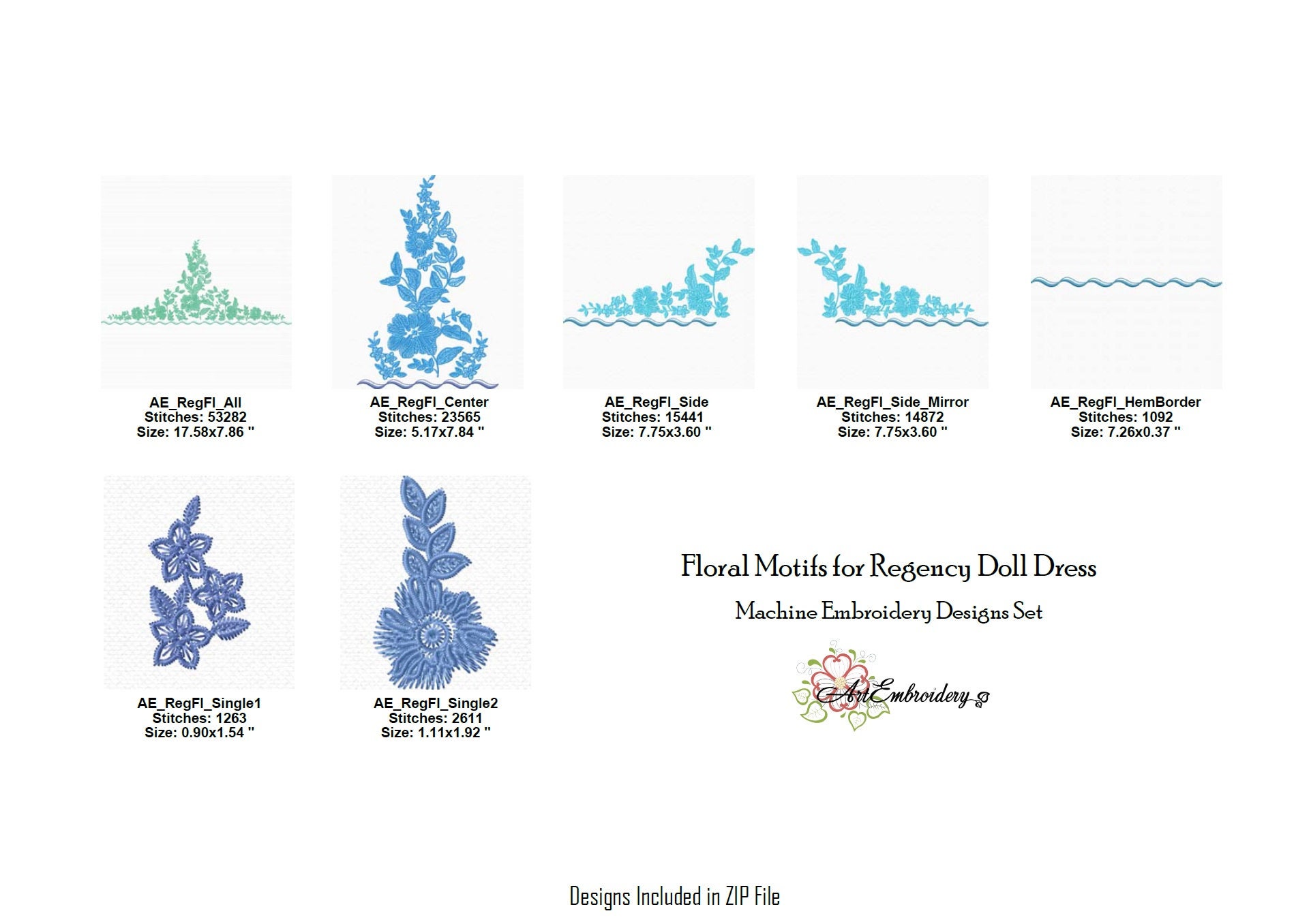 Floral Motifs for Regency Doll Dress - Machine Embroidery Designs Set ...