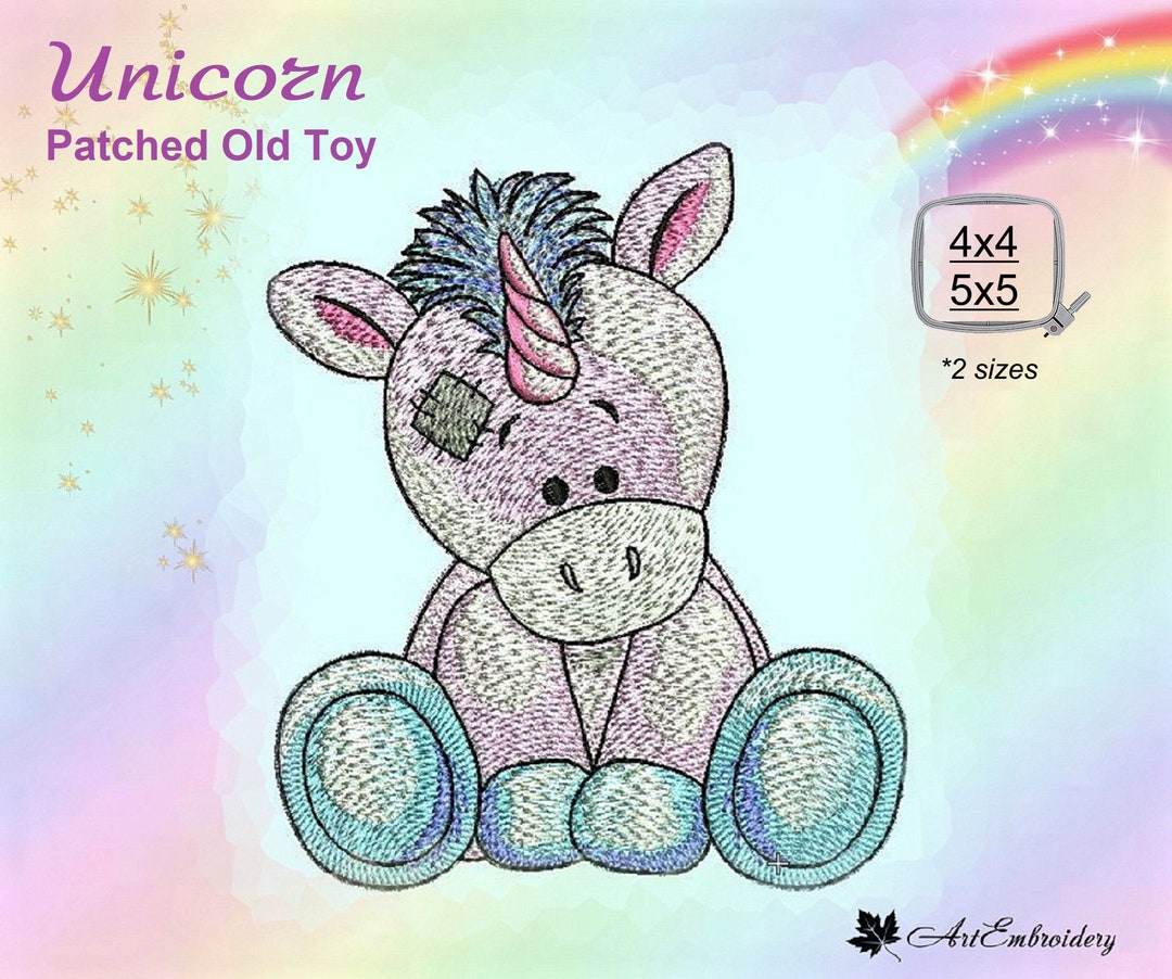 Patched Unicorn Machine Embroidery Design: Cartoon Old Toy (4x4 and 5x5 ...
