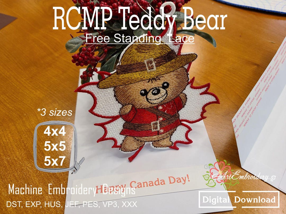 FSL RCMP Teddy Bear - Machine Embroidery Lace Project Design, 3 Sizes ...