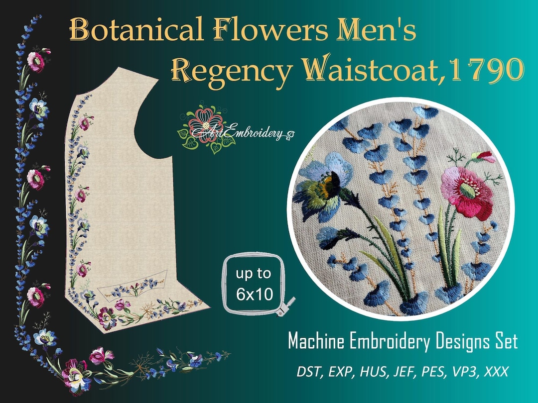 Botanical Flowers Regency Waistcoat Embroidery Designs (6x10" Hoop) - Etsy
