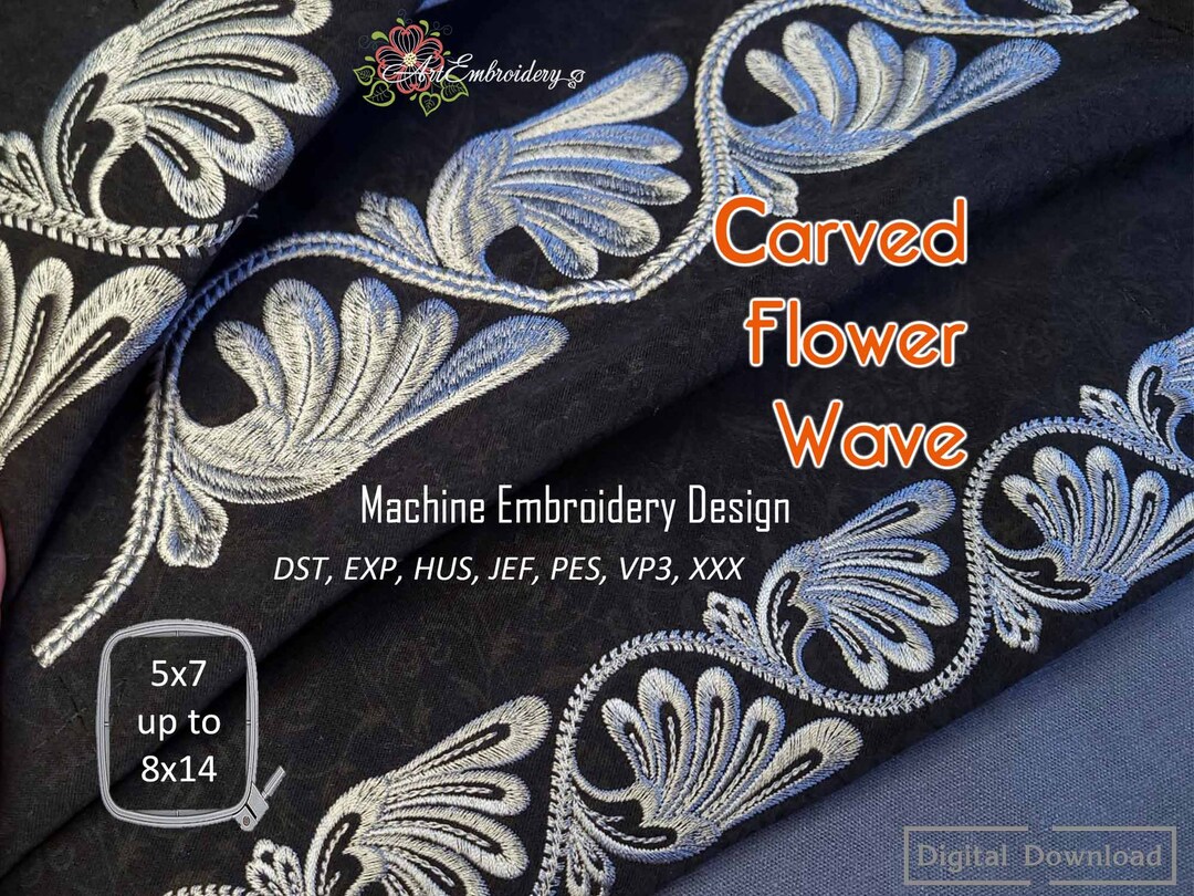Сarved Flower Wave - Machine Embroidery Endless Border Design for Hoop ...