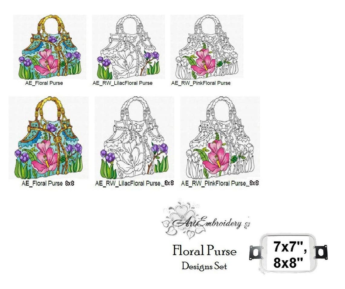 Floral Purse - Machine Embroidery Designs Set for Hoop 7x7", 8x8 ...
