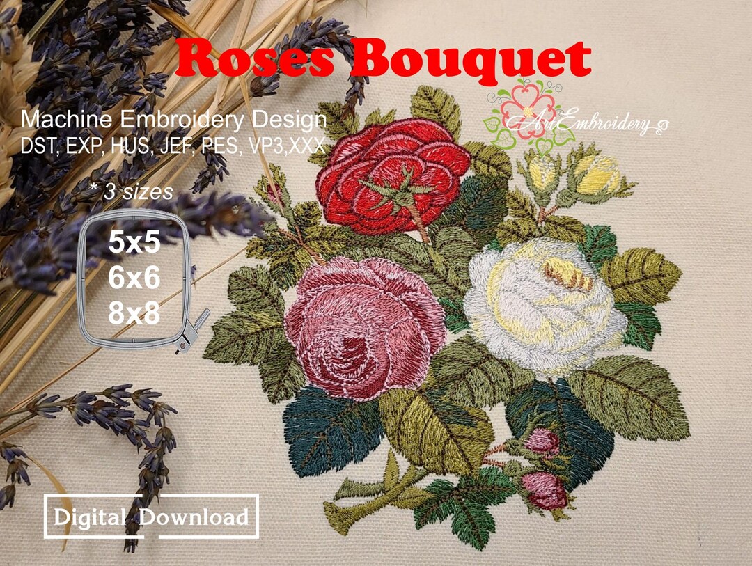 Vintage Roses Bouquet Machine Embroidery Design (5x5, 6x6, 8x8 Hoops ...