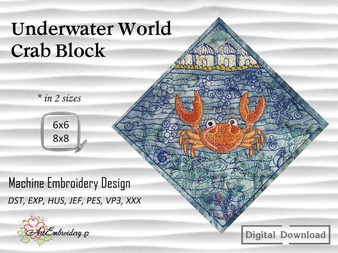 Underwater World Crab Block - Machine Embroidery Quilt Block Design in ...