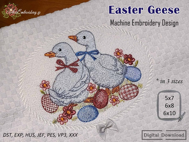 Easter Geese Machine Embroidery Design: Birds & Eggs (5x7, 6x8, 6x10 ...