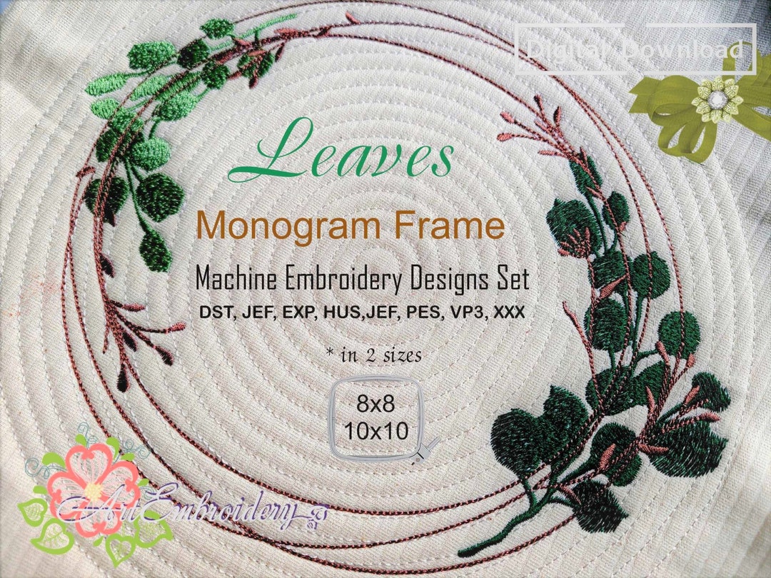 Leaves Monogram Frame: Machine Embroidery Design (8x8", 10x10") - Etsy