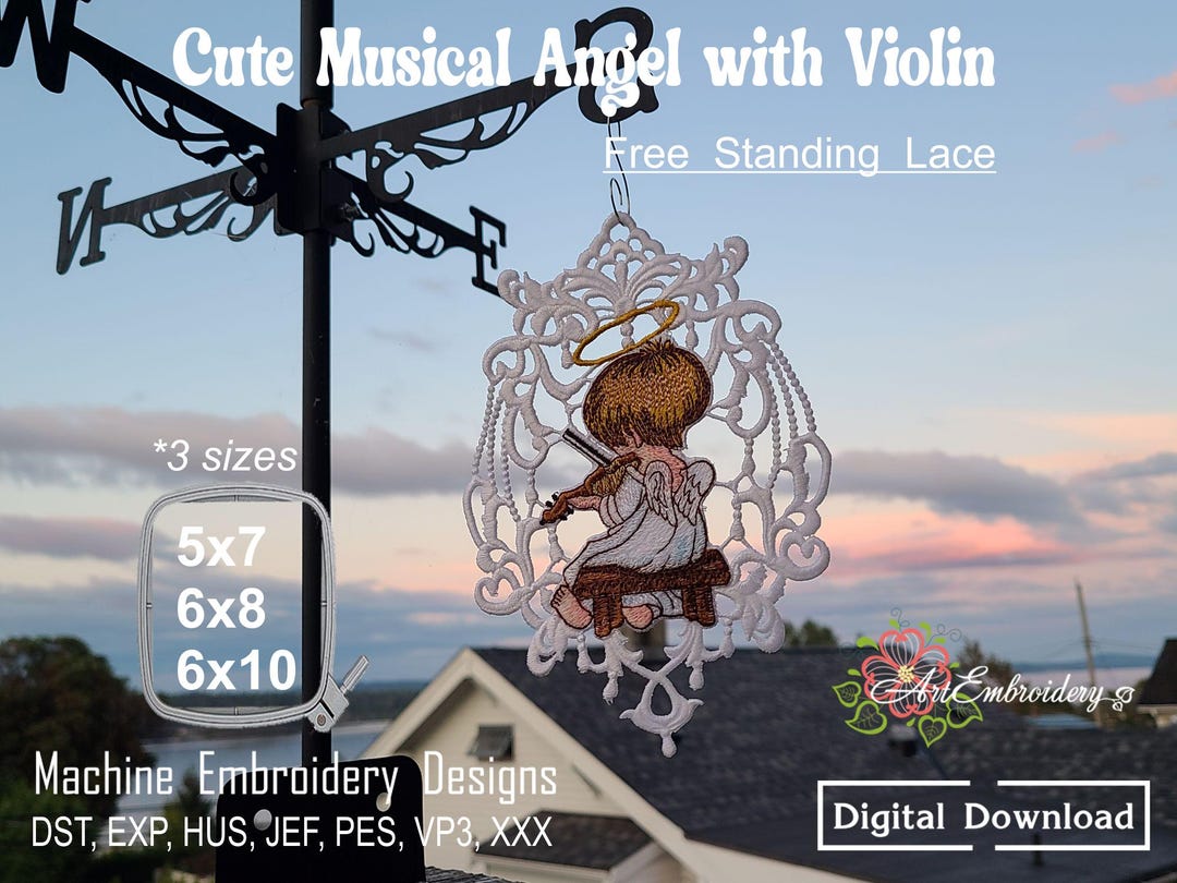 FSL Angel With Violin - ITH Machine Embroidery Design, Lace Ornament, 3 ...