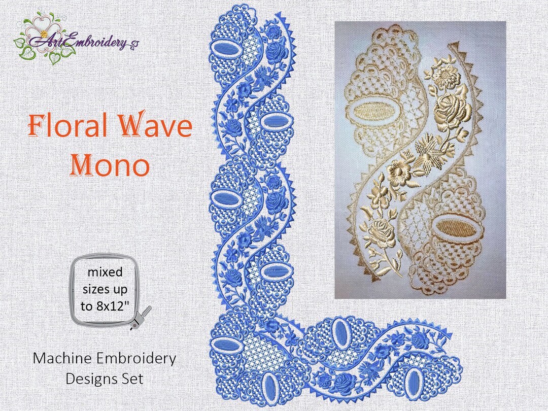 Floral Wave Mono Machine Embroidery Designs Set in Three Sizes Mixed ...