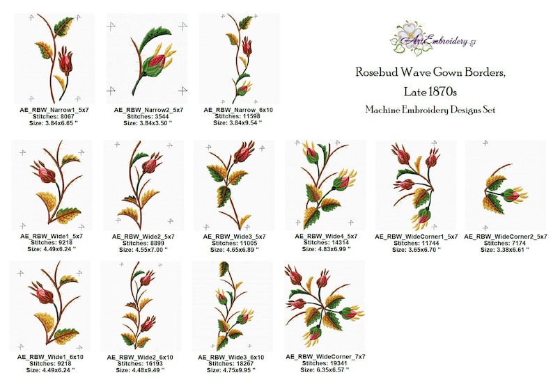 Rosebud Wave Embroidery Designs: 1870s Gown Borders (5x7", 6x10") - Etsy