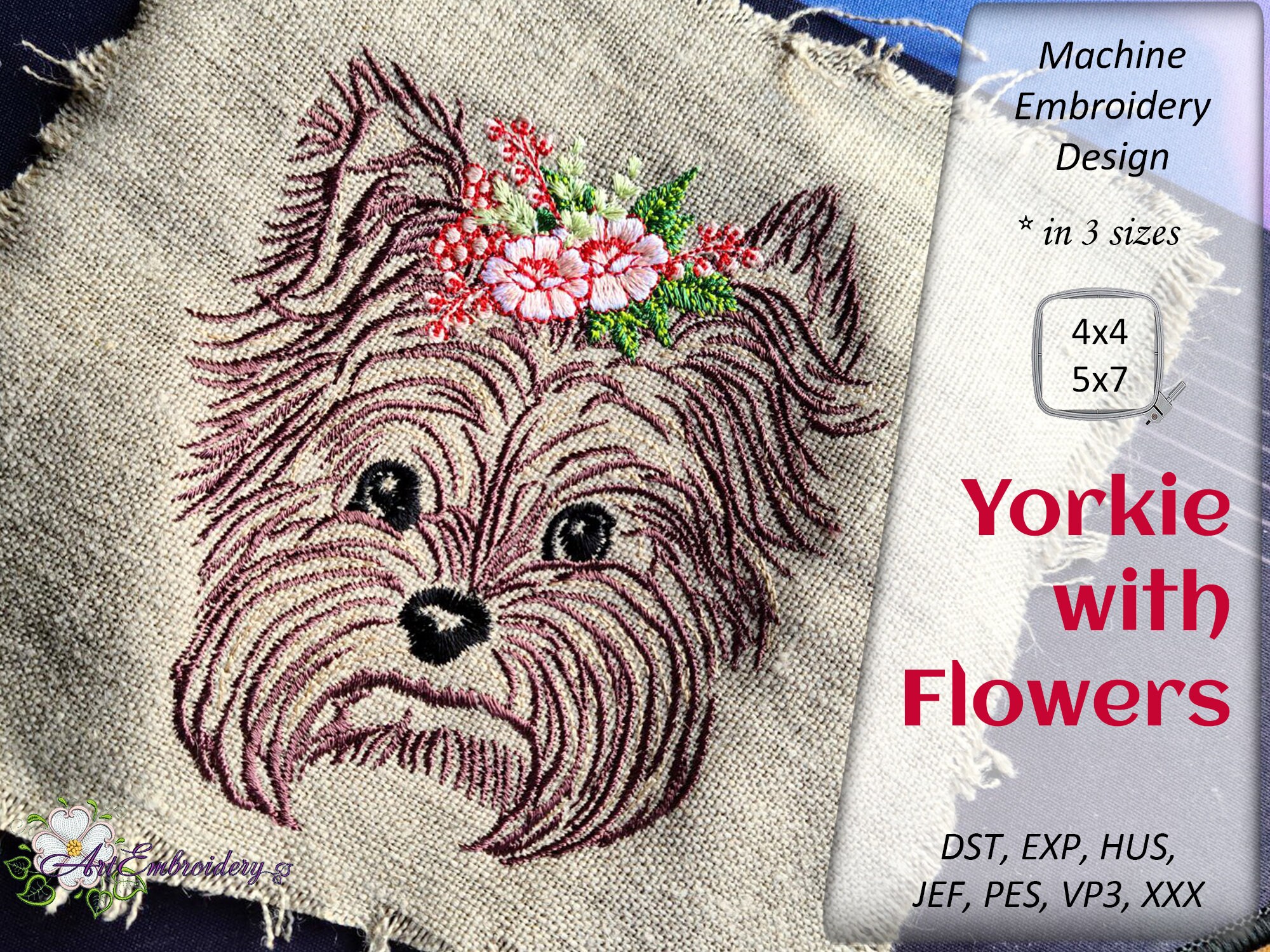 Yorkie With Flowers Machine Embroidery Design in 3 Sizes | Etsy