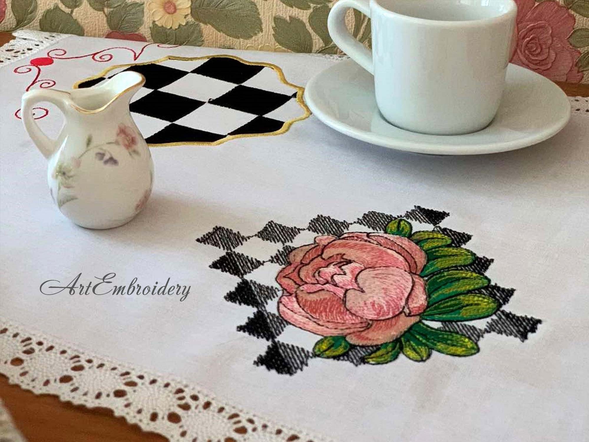 Peony and Check - Machine Embroidery Design in Few Variations for Hoop ...