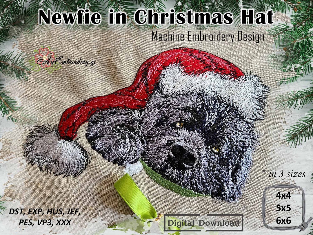 Newfie in Christmas Hat - Machine Embroidery Dog Design (4x4, 5x5, 6x6 ...