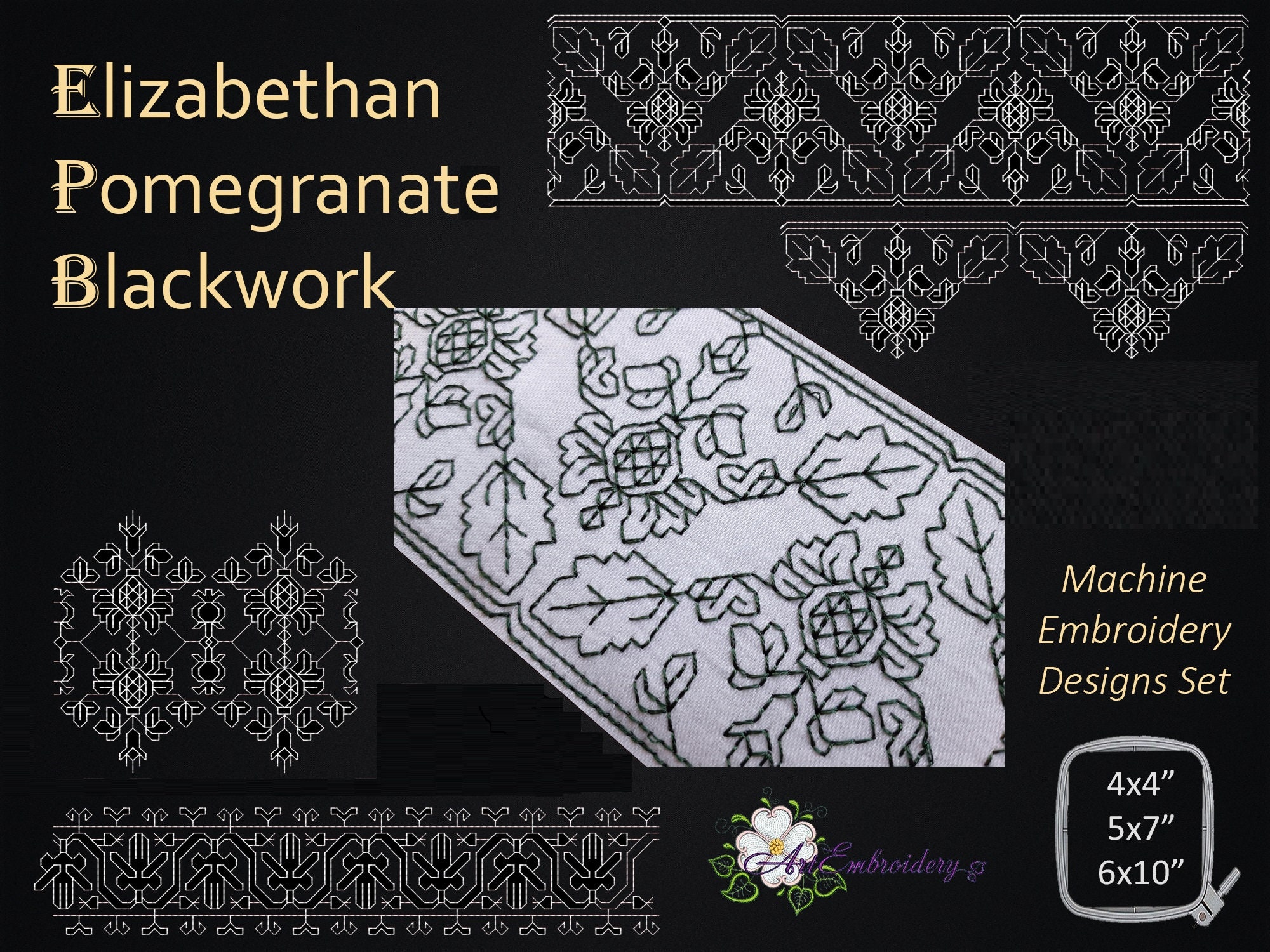 Elizabethan Pomegranate Blackwork Machine Embroidery Designs (digital ...
