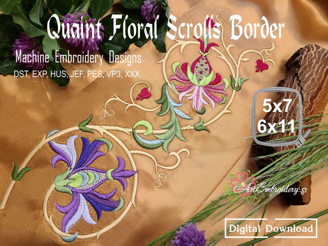 Floral Scroll Machine Embroidery Design: Endless Border (5x7 to 6x11 ...