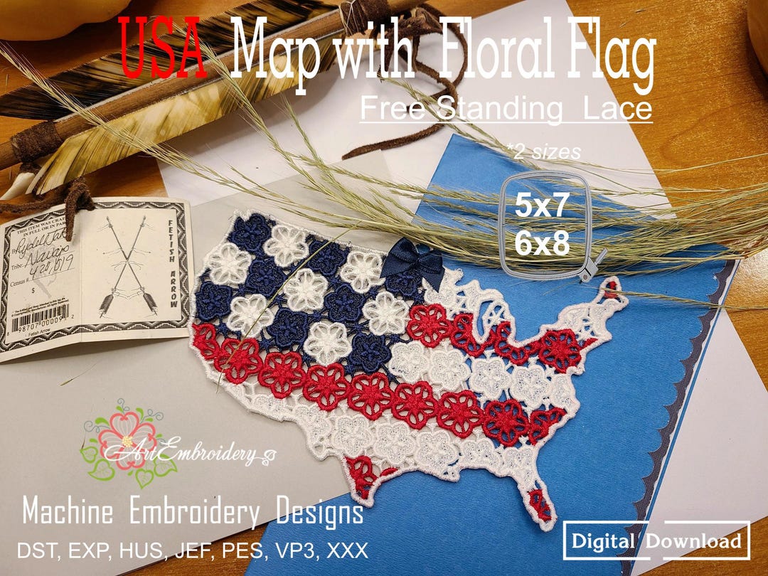 USA Map With Floral Flag - FSL Machine Embroidery ITH Lace Project ...