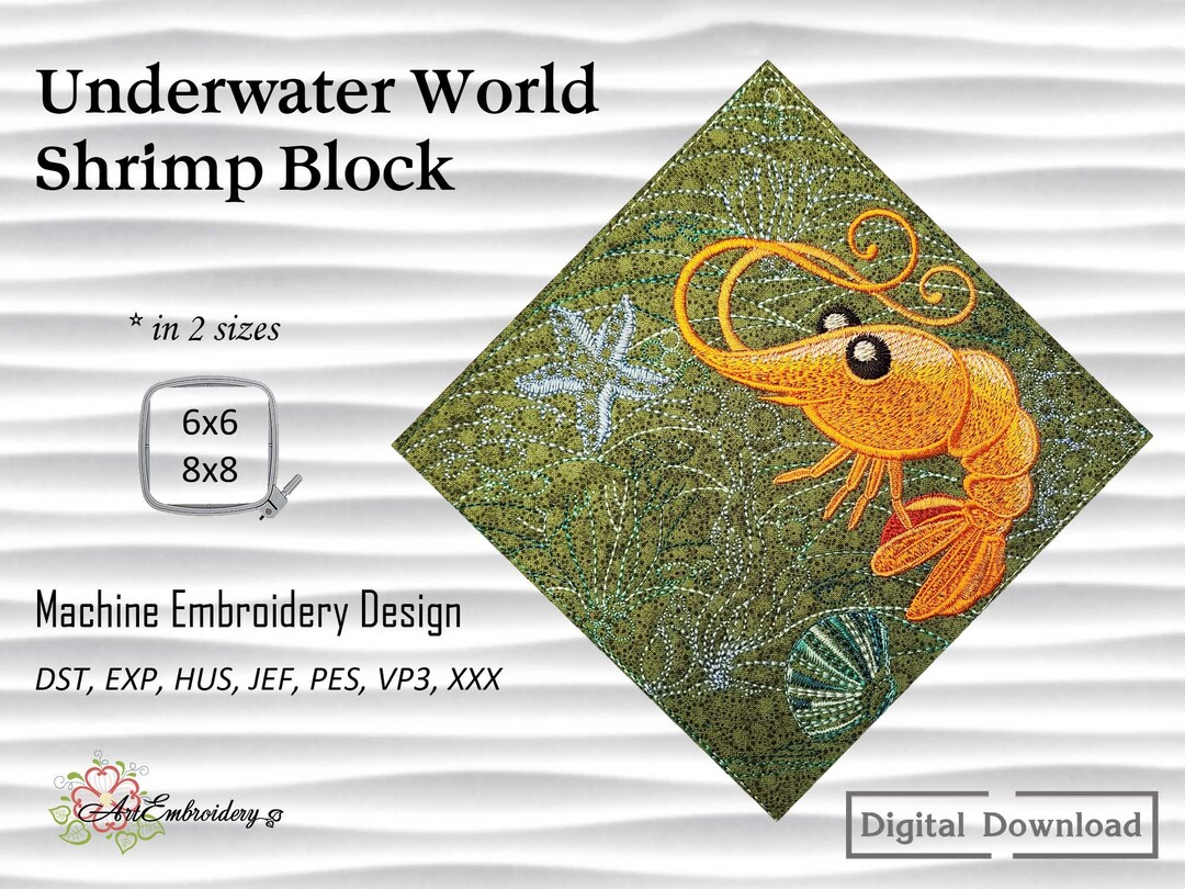 Underwater World Shrimp Block - Machine Embroidery Quilt Design in Two ...