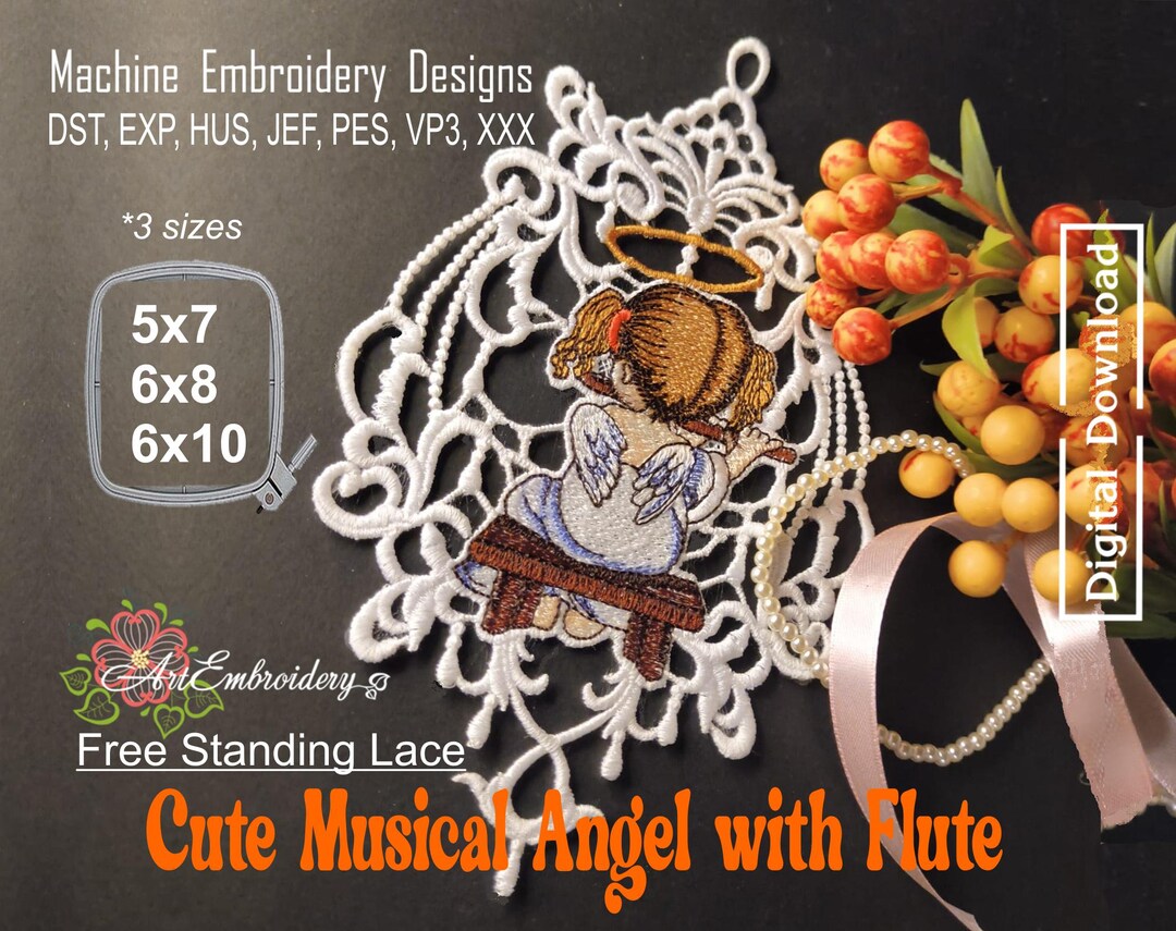 FSL Musical Angel With Flute - ITH Machine Embroidery Design, Lace ...