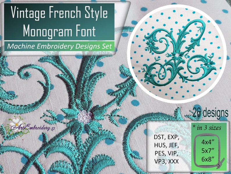Vintage French Style Monogram Font - Machine Embroidery Designs Set (26 ...