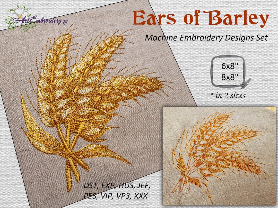 Ears of Barley Machine Embroidery Designs: Redwork & Filled (6x8", 8x8 ...