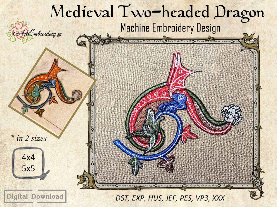 Medieval Two-headed Dragon – Machine Embroidery Monster Creature Design ...