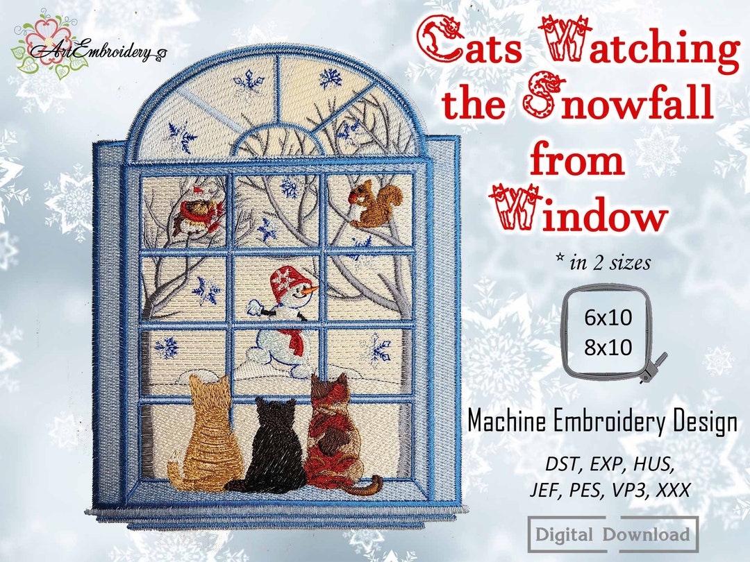 Cats Watching Snowfall Embroidery Design: Winter Window Landscape (6x10 ...