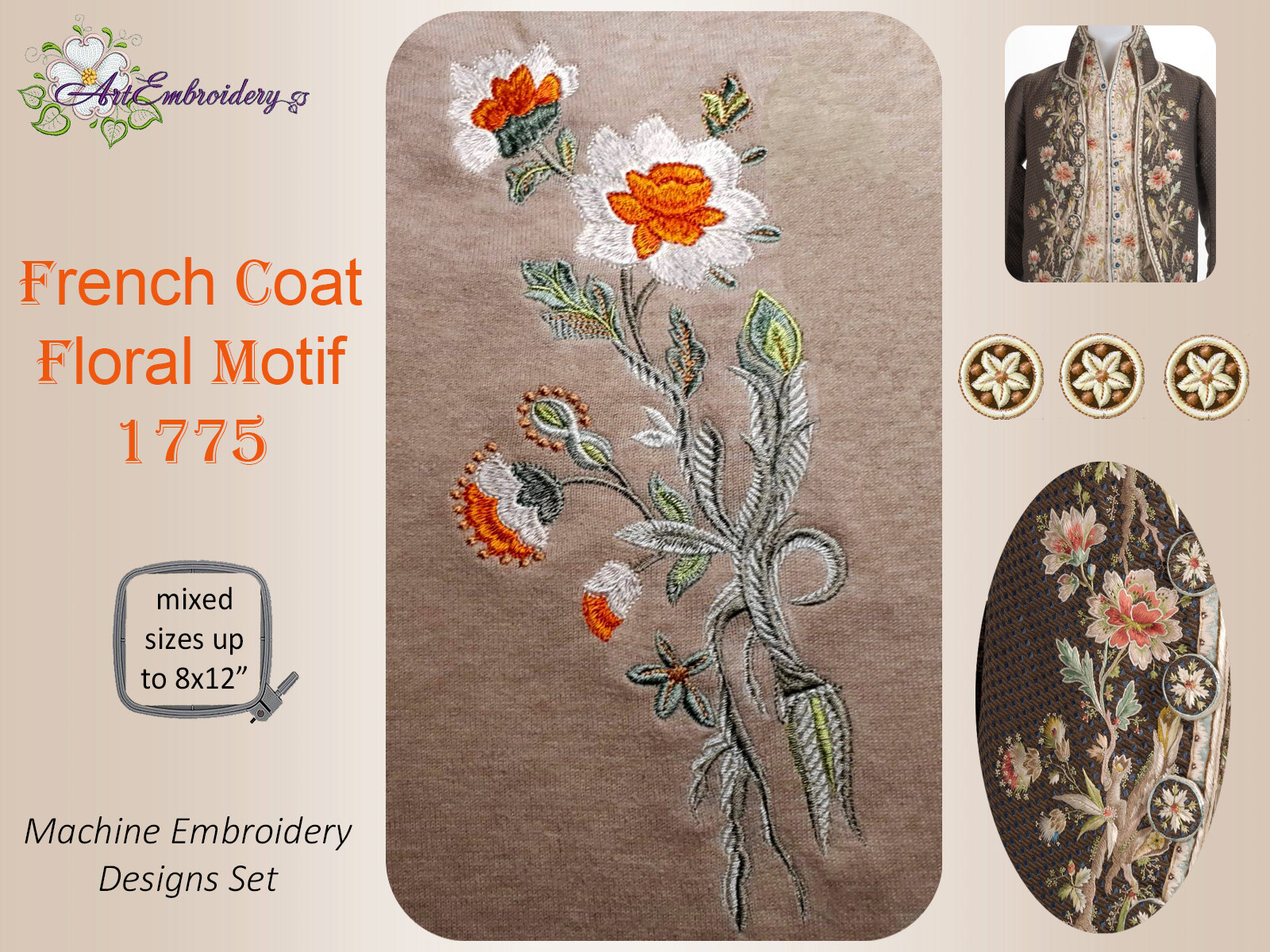French Coat Floral Motif Machine Embroidery Designs Set in | Etsy