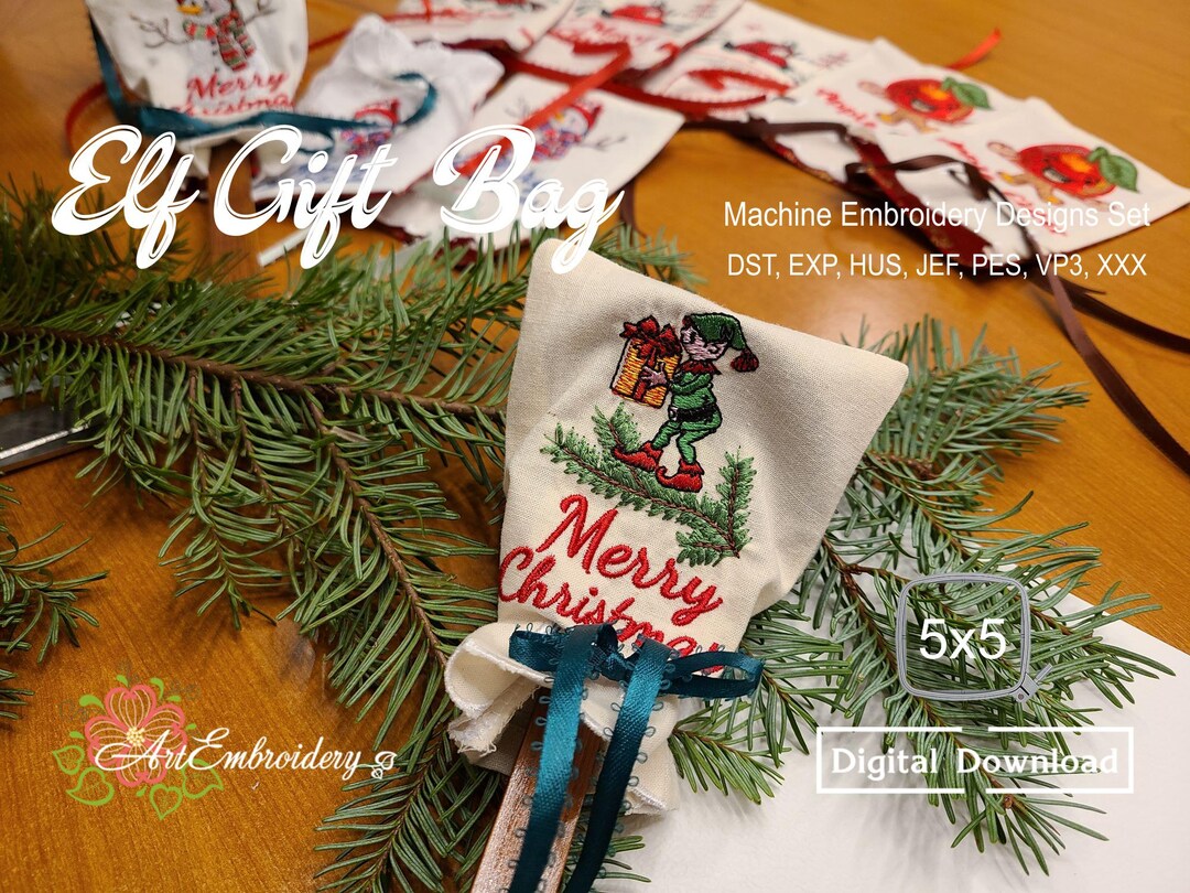 Elf Gift Bag - Set of 4 Machine Embroidery In-the-hoop (ITH) Christmas ...