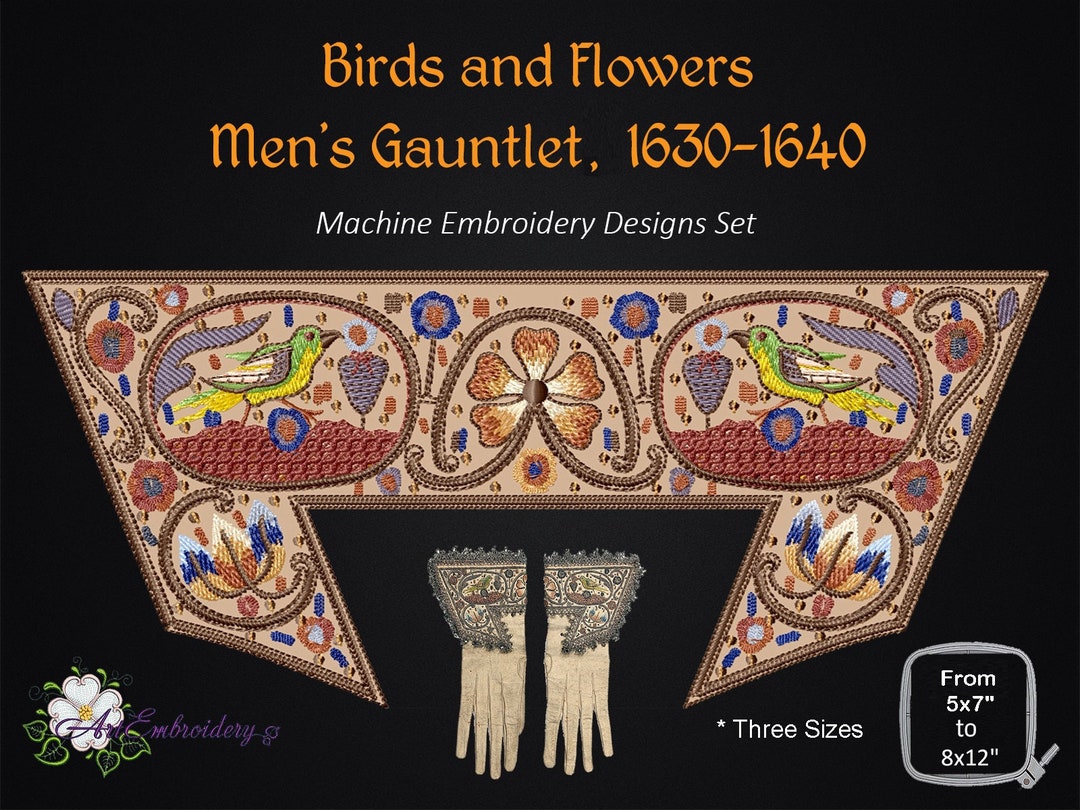 17th Century Gauntlet Machine Embroidery Designs: Birds & Flowers (5x7 ...