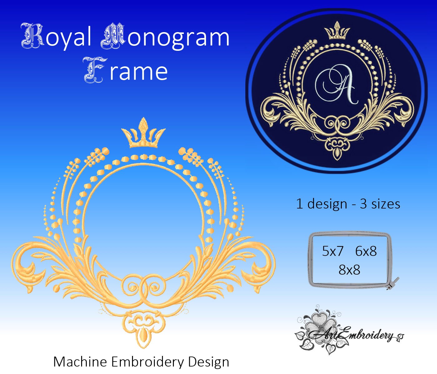 Royal Monogram Frame Machine Embroidery Design in three | Etsy