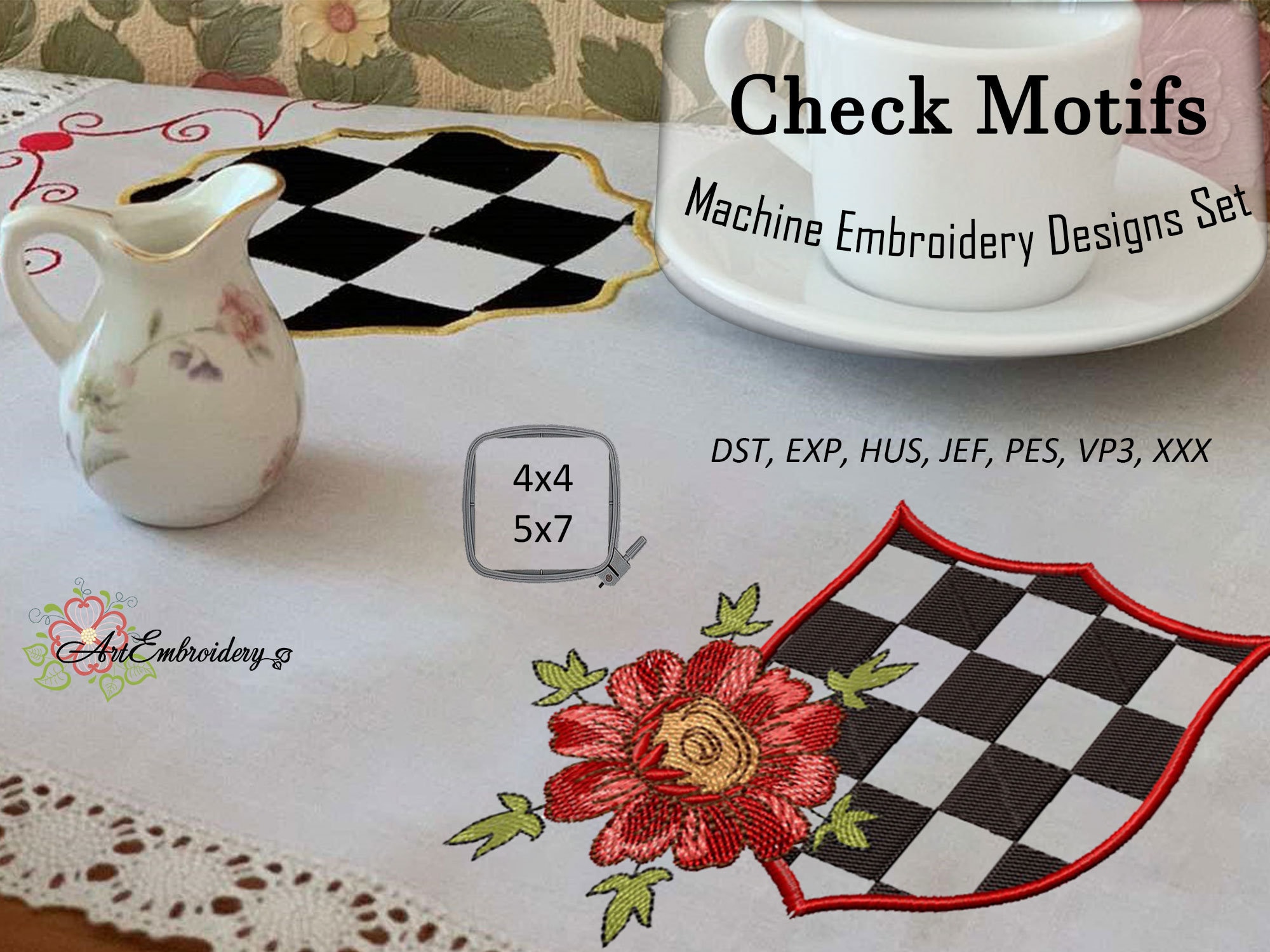 Black & White Check Embroidery Designs: Floral Motifs (4x4 to 5x7 Hoop ...