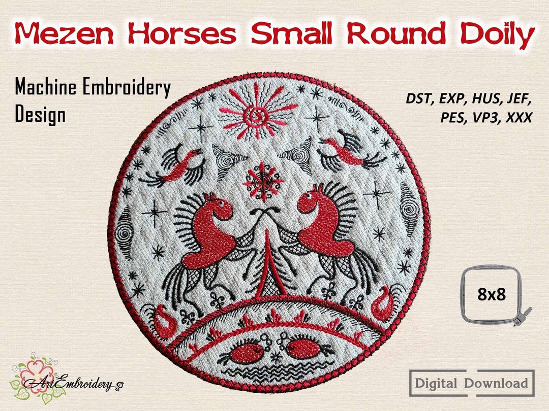 Mezen Horses Small Round ITH Doily and Motifs Machine Embroidery Ethnic ...