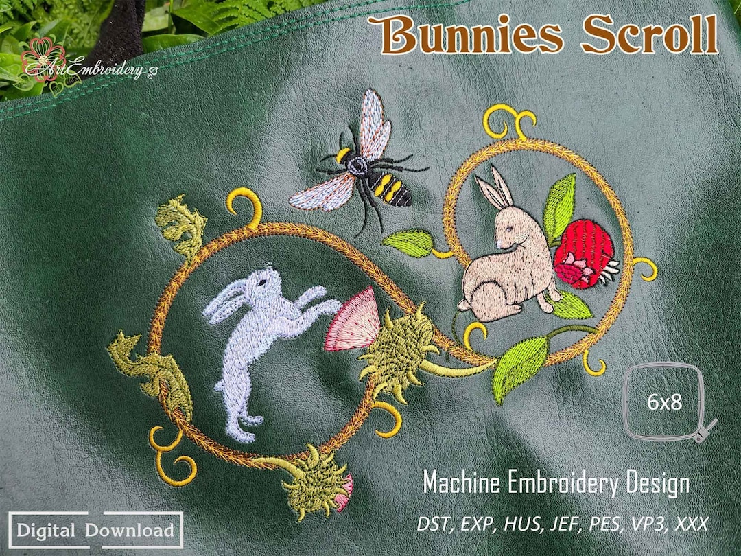 Bunnies Scroll – Machine Embroidery Design of Elizabethan Scroll in a ...