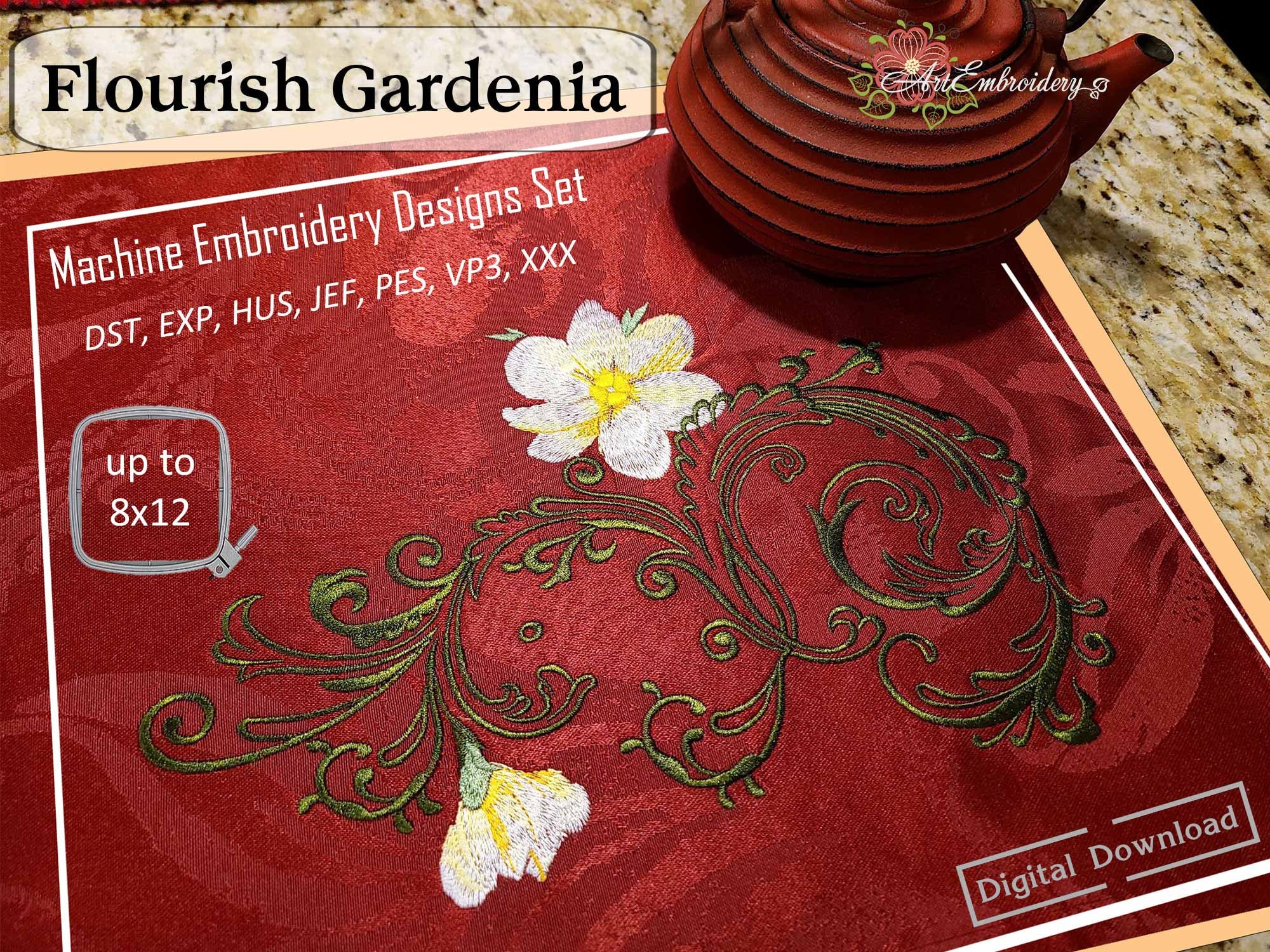 Flourish Gardenia Machine Embroidery Designs: Floral Scroll Set ...