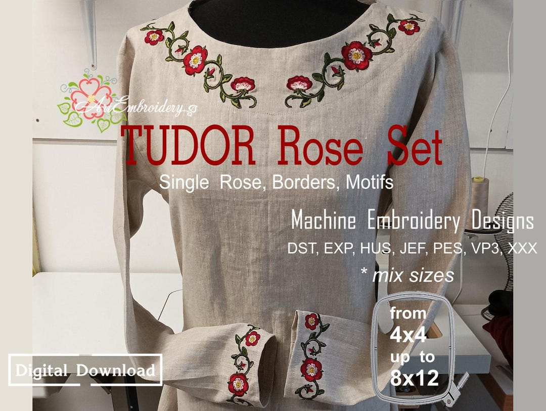 Tudor Rose Machine Embroidery Designs: Single Rose, Branches, Borders ...